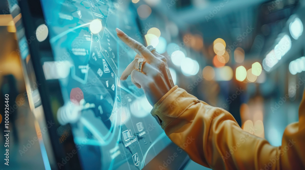 person interacts with digital touchscreen interface, showcasing modern ...