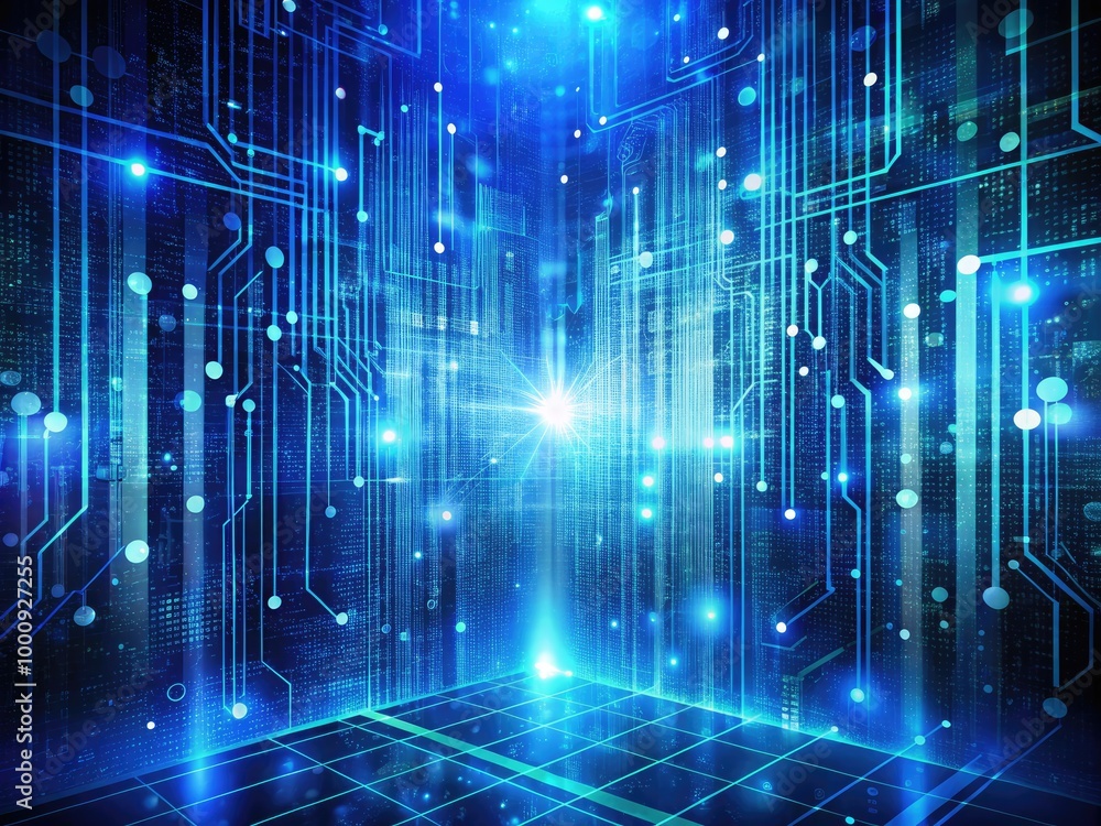 Abstract blue digital coding background with glitches, binary code, and circuit board patterns ...