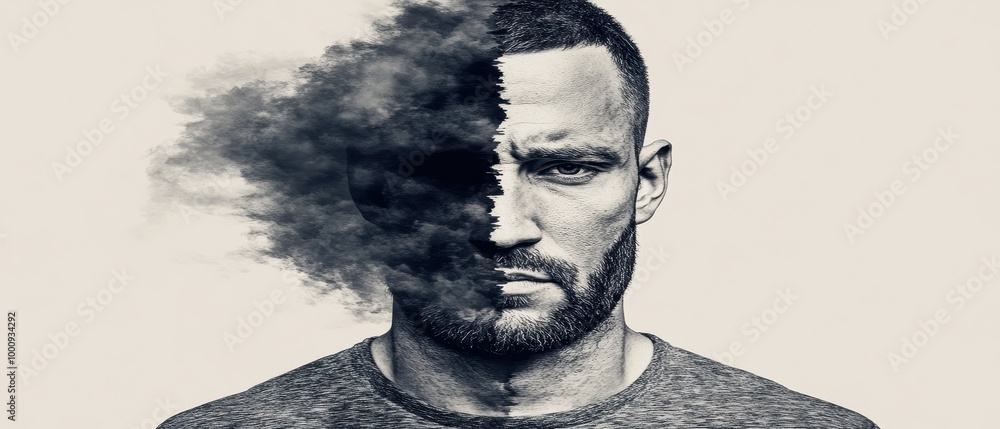 A powerful portrait of a man, half of his face dissolving into a cloud ...