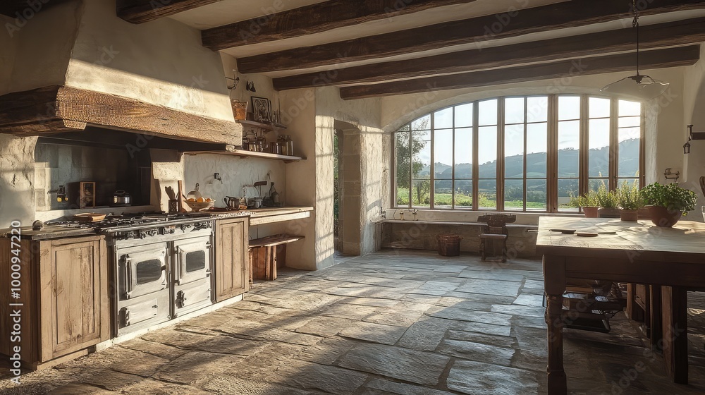 A rustic French farmhouse kitchen, featuring stone floors, wooden beams ...