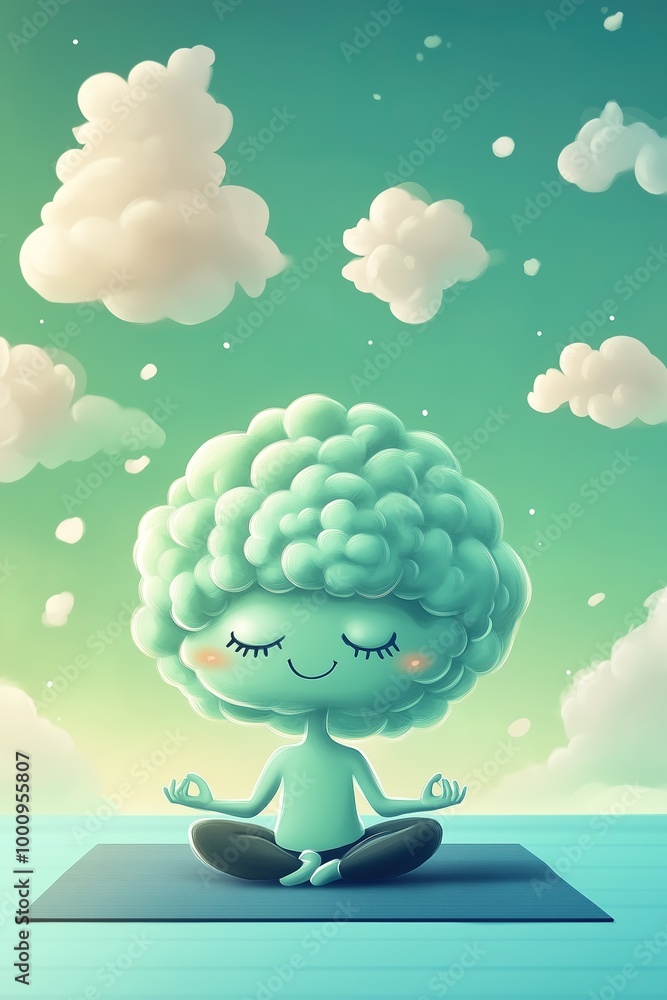 World Mental Health Day, Cartoon Brain Mascot Meditating on Yoga Mat ...