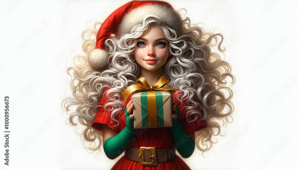 kind elf girl with lush white hair in a Santa suit with a gift in her ...