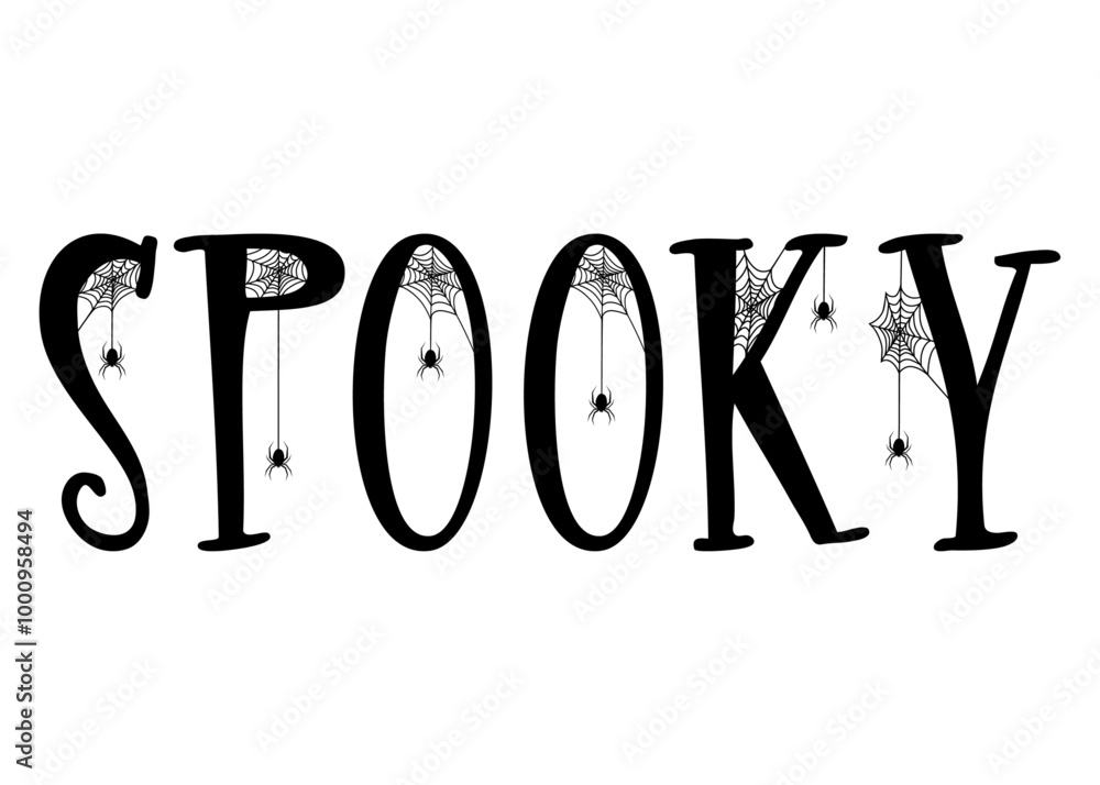 Logo con palabra SPOOKY con letras con tela de araña y araña colgando ...
