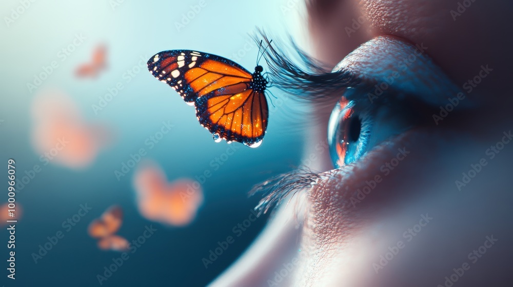 A tear, falling from a woman eye, transforms into a shimmering ...