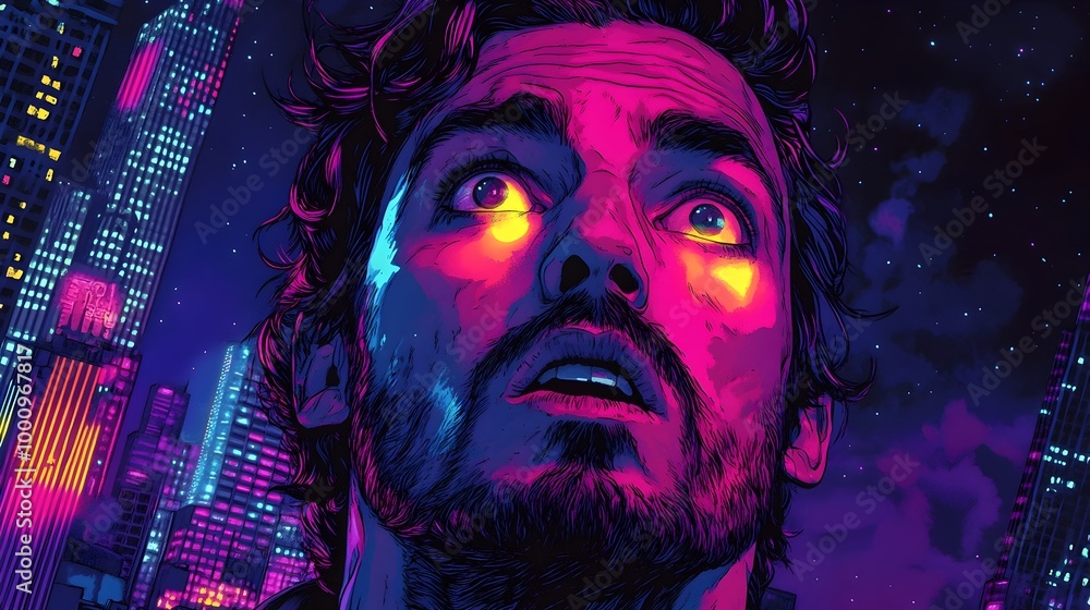 Neon-Infused Pop Art Portrait with Exaggerated Facial Expressions and ...