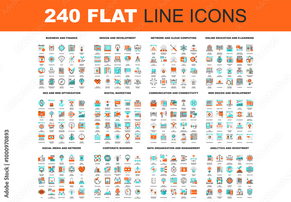 Vector set of 240 64X64 pixel perfect flat line web icons. Fully editable and easy to use. Stock ...