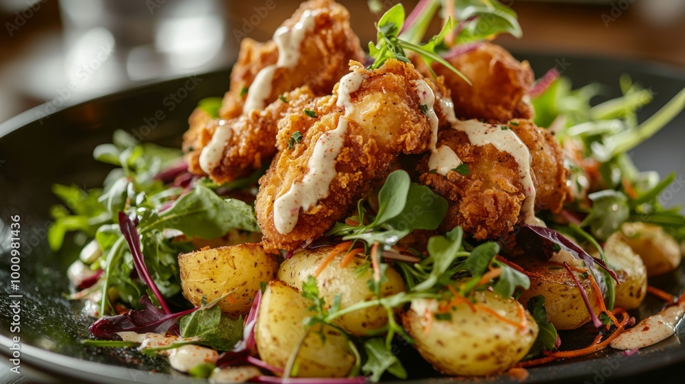 Savory Delights: Crispy Fried Chicken & Potato Salad With Fresh Greens ...