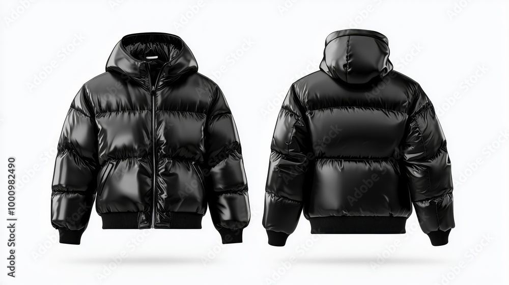 Black puffer jacket with glossy finish shown from front and back views ...