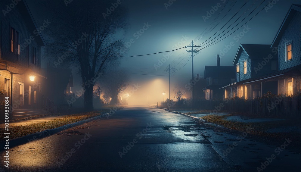 Spooky Night at empty suburban street - Halloween Horror Banner ...