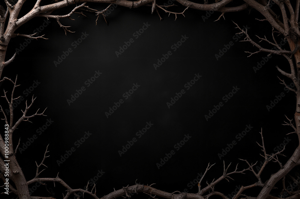 Gothic dark fantasy backdrop framed by dry branches, thorns, ivy. Old ...
