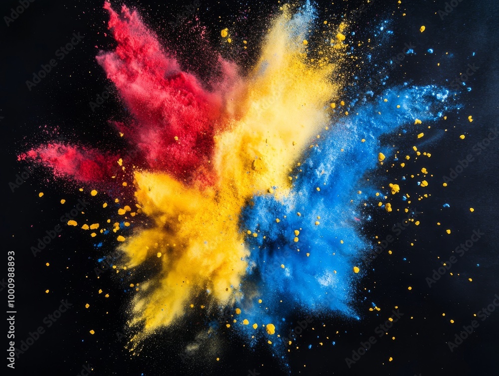 Vivid splashes of red, yellow, and blue collide in mid-air, creating an ...