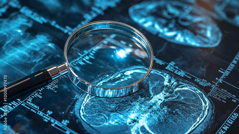 A magnifying glass lies over a brain scan, highlighting the details of ...