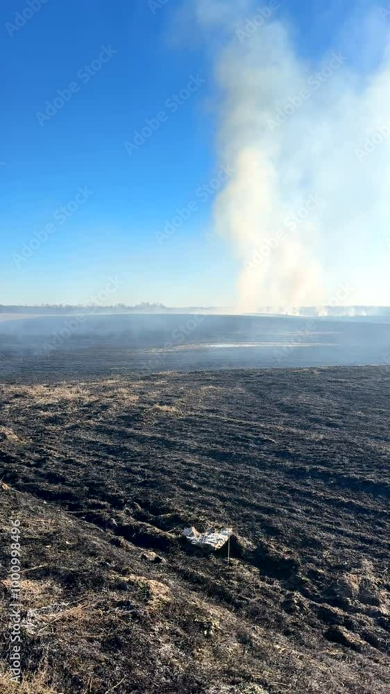 Fire on grass in farm field. Dry Grass Fires due to drought. Hot ...