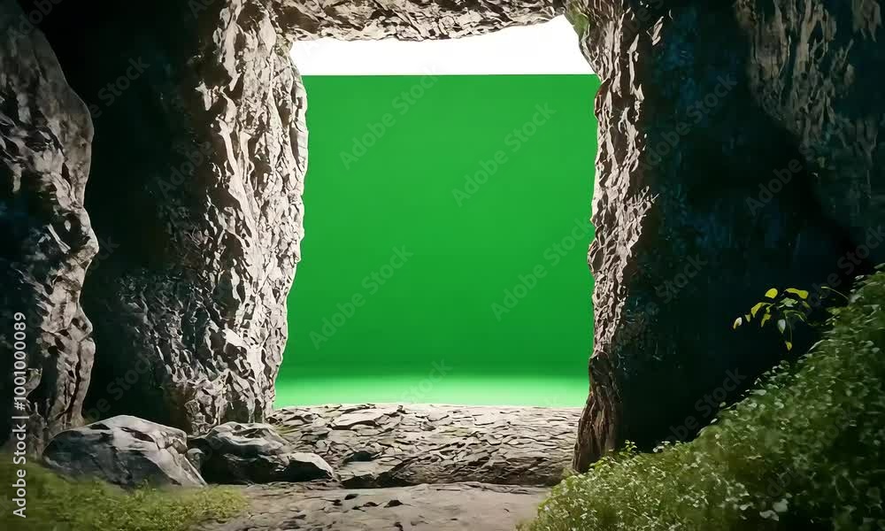 Cave entrance with green backdrop and foliage green screen background ...