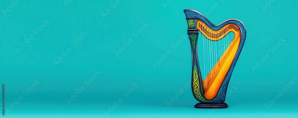 Enchanted harp flat design top view Celtic folklore theme watercolor ...