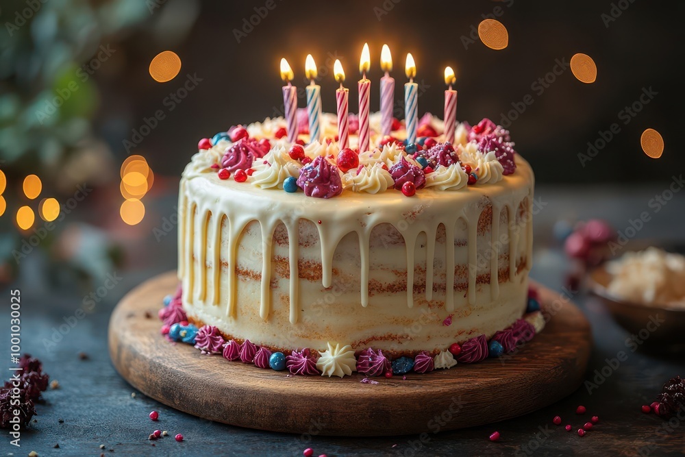 deliciously decorated birthday cake with layers of icing and an array ...