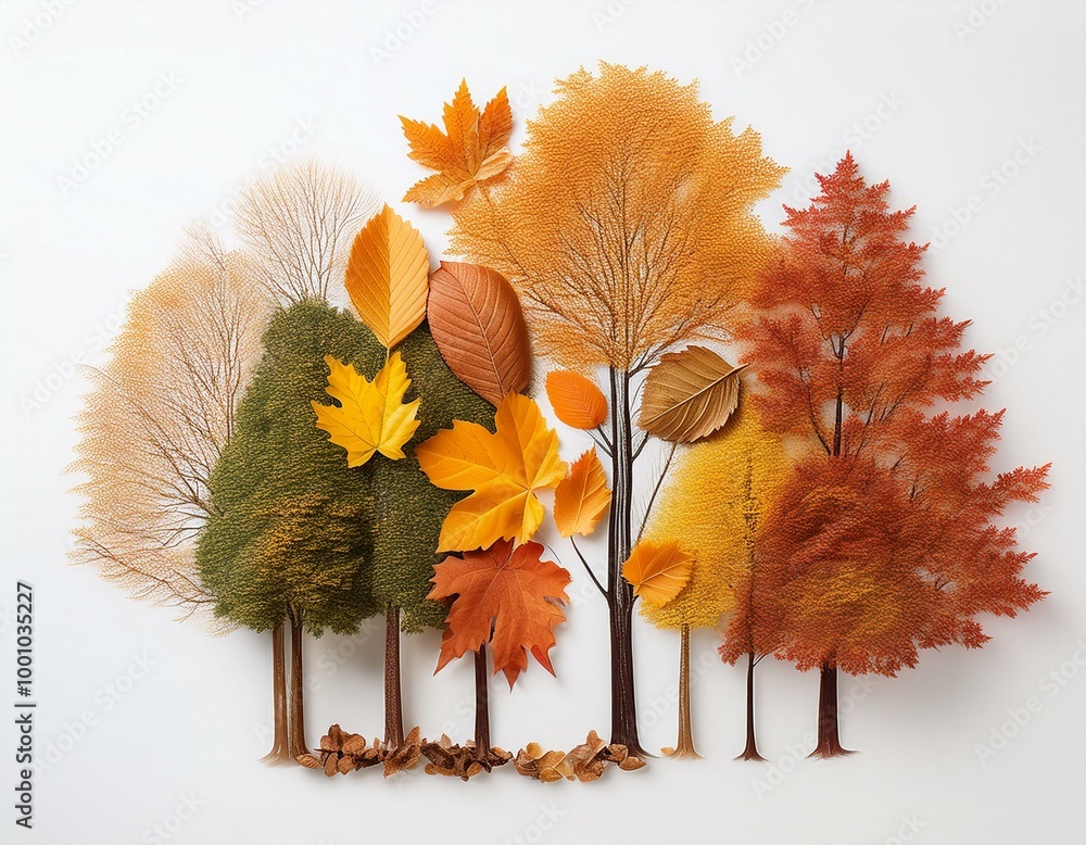 Collage de fantasia de arboles diferentes en otoño aislados sobre fondo ...