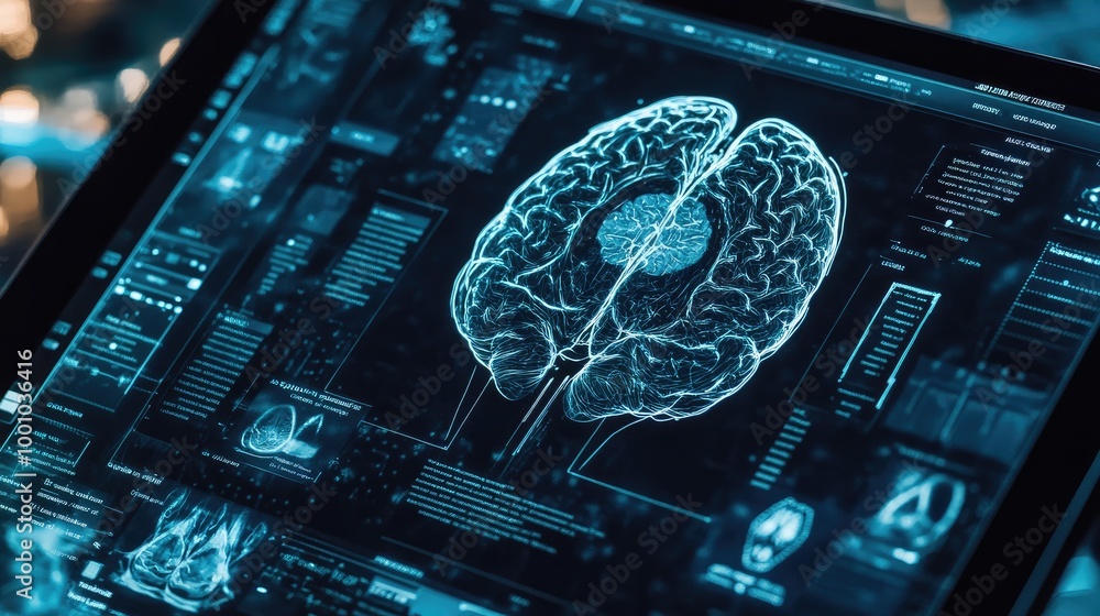 A close-up of a brain diagram on a tablet or digital device, with ...