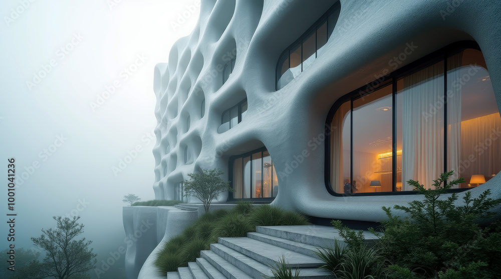 Modern Hotel Facade with Staggered Glass Layers and Play of Light and ...