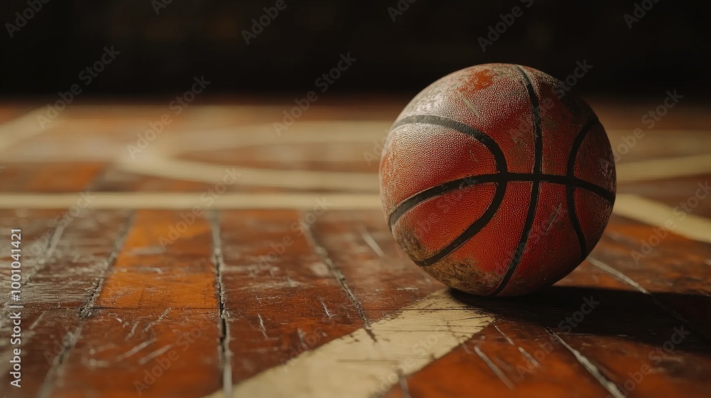 A close-up of a well-worn basketball on a court, with detailed texture ...