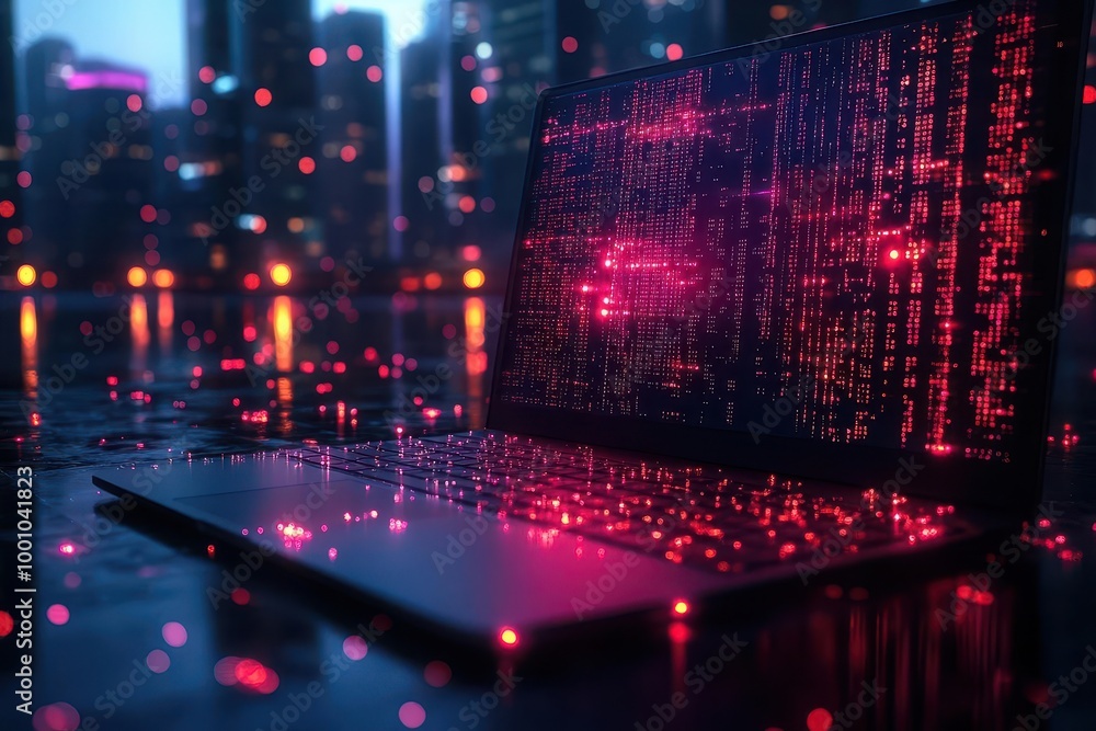 dynamic laptop screen displaying intricate lines of programming code illuminated in a modern ...