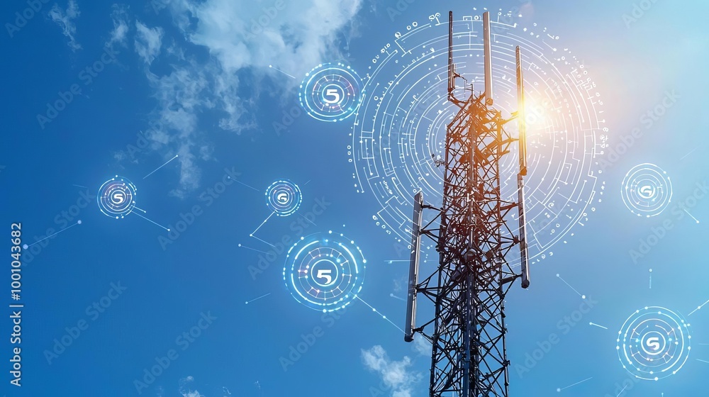 Power of 5G 5G Antenna Tower A close-up of a 5G cellular tower emitting ...