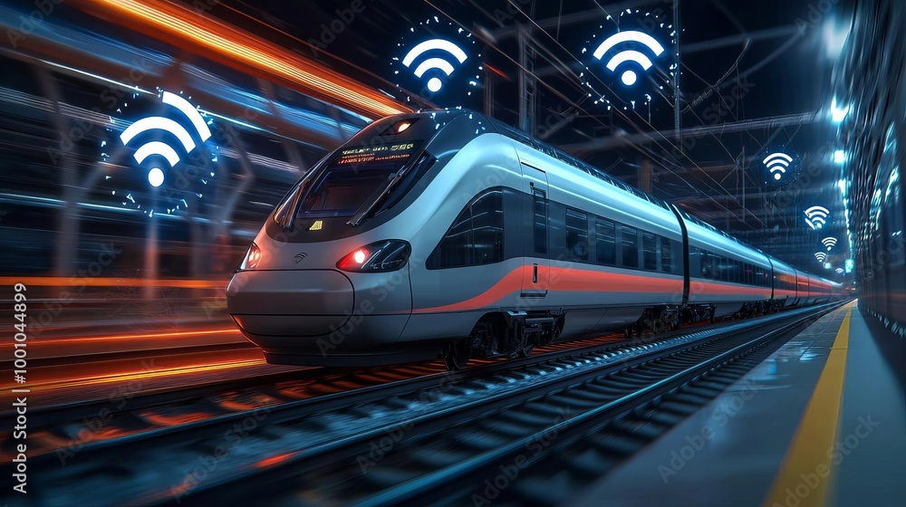 Power of 5G High-speed train surrounded by 5G symbols indicating ...