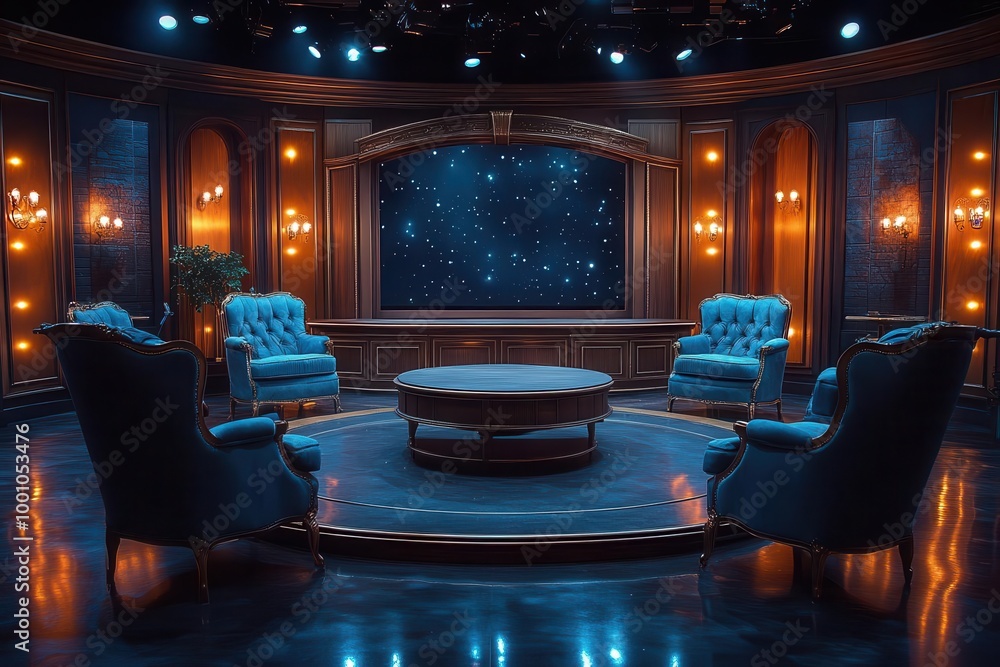 empty game show talk show set featuring stage lights chairs and a table ...