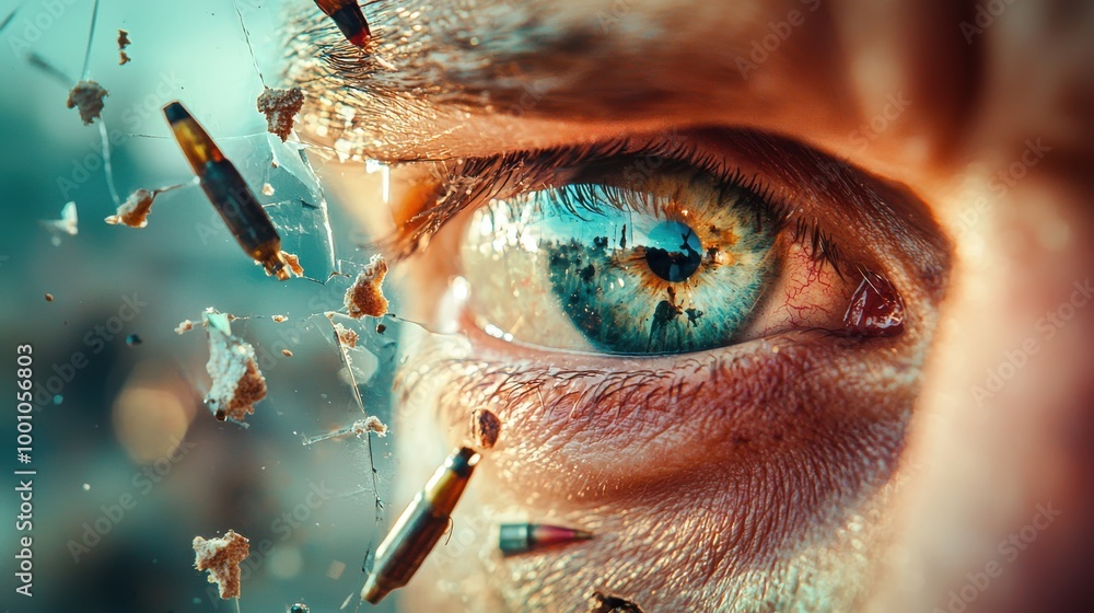 Intense stare, shattered glass, suspended bullets, blue eye reflecting ...