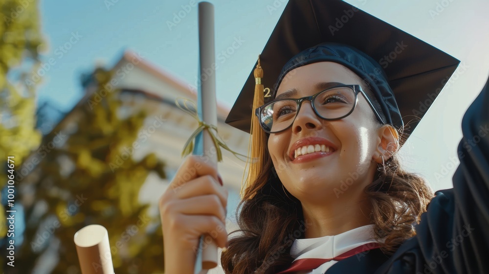 Female student celebrating her graduation, holding a certificate or ...