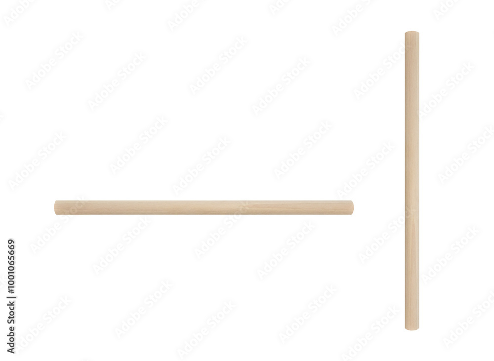 Short horizontal and vertical wooden peg, stick. On isolated ...