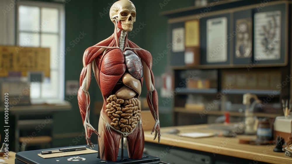 An educational scene featuring a human body mannequin with removable ...