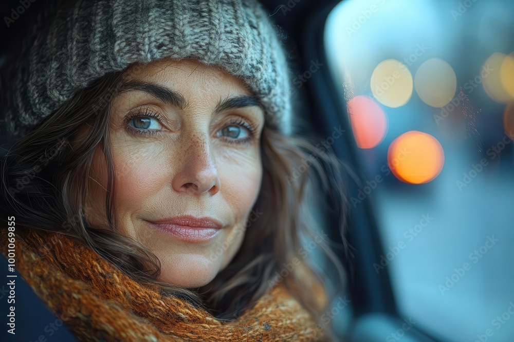 fortyyearold spanish woman gazing thoughtfully out of a car window ...