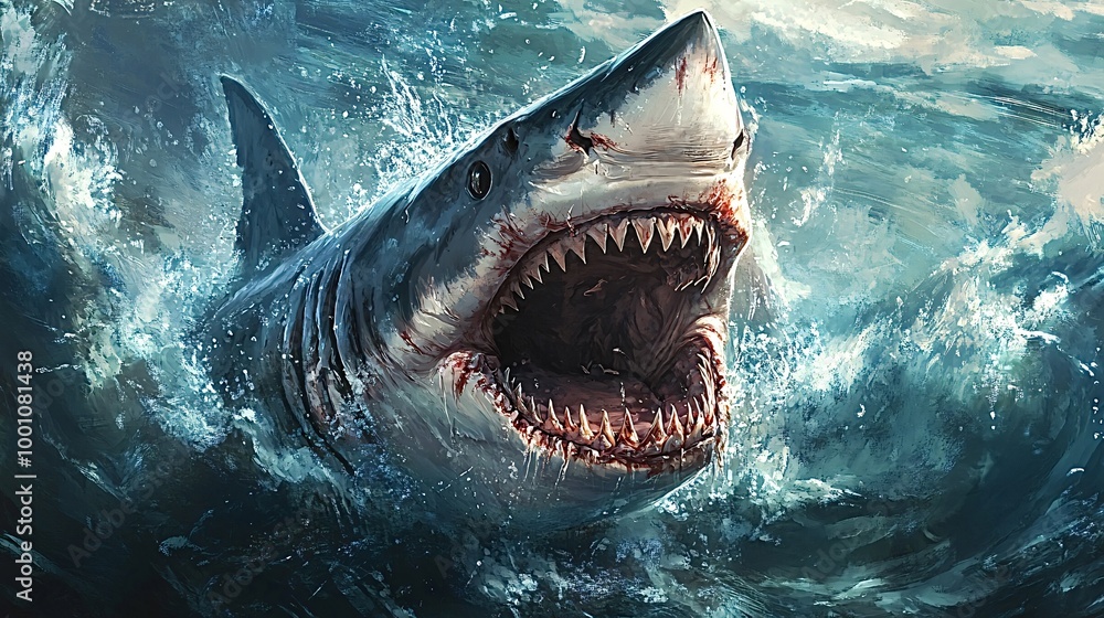 Great white shark breaching the ocean surface, showing its jaws and ...