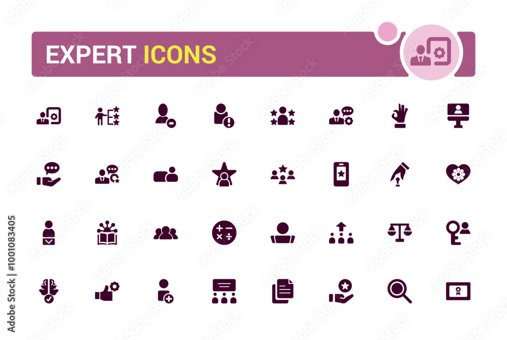Expert icon collection. Competence, expertise, knowledge, skill, glyph ...