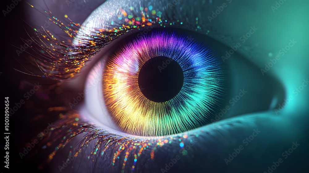 Human multicolored iris of the eye animation concept. Rainbow lines ...