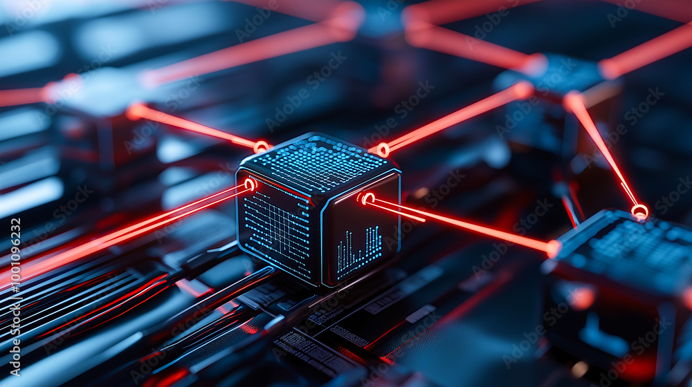 Digital nodes connected by glowing red lines create vibrant network ...