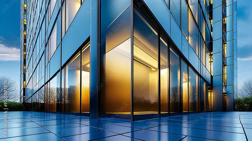 Modern glass skyscraper with illuminated interiors, reflecting sleek ...