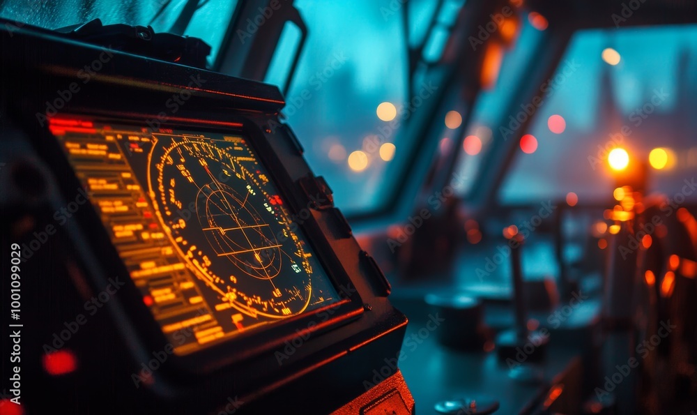 Advanced maritime navigation radar screen glowing in a dimly lit ship's ...