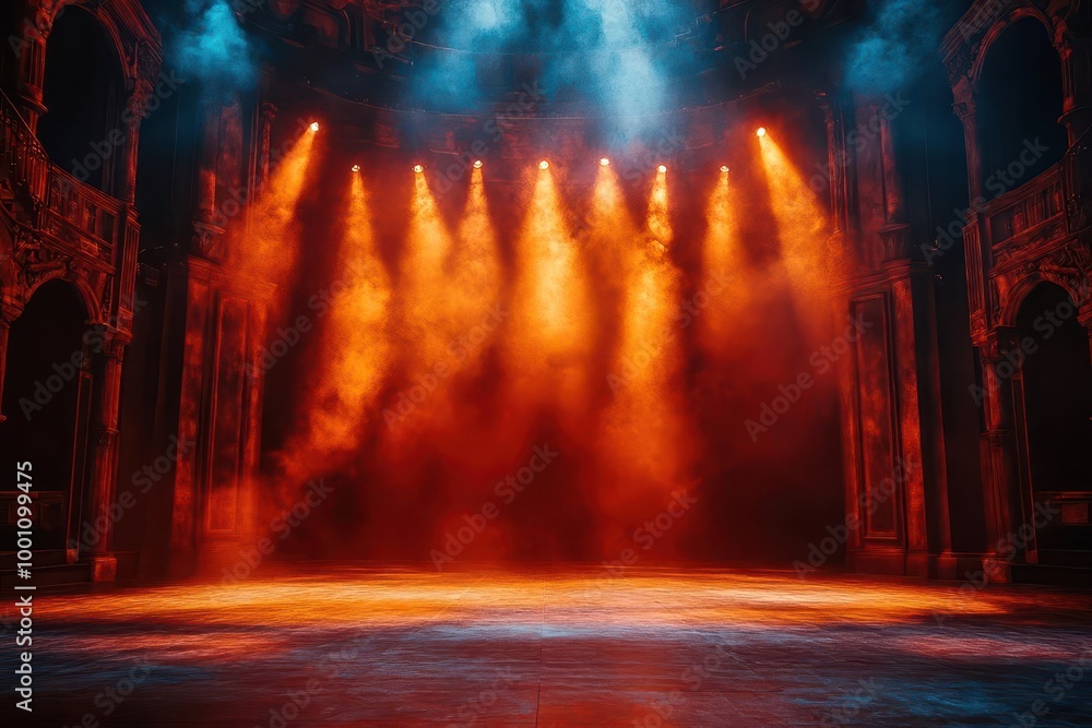 illuminated theater stage set for an opera performance with spotlights ...