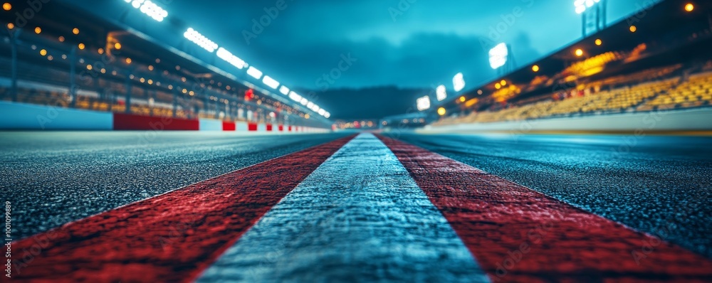 The finish line of an asphalt racetrack and a lighted race stadium at ...