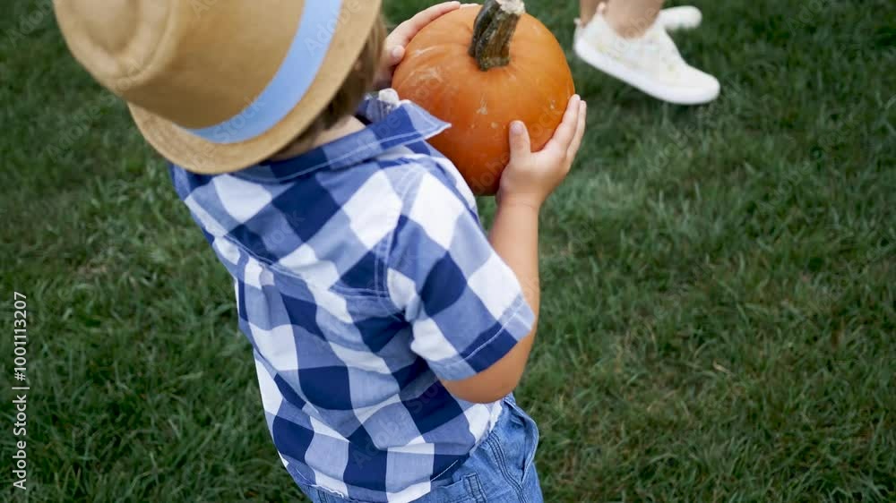 Toddler carrying pumpkin at fall festival Stock Video | Adobe Stock