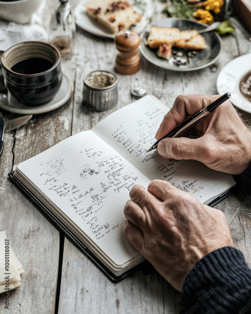 Hands writing in a meal planning notebook, with a kitchen table. person ...