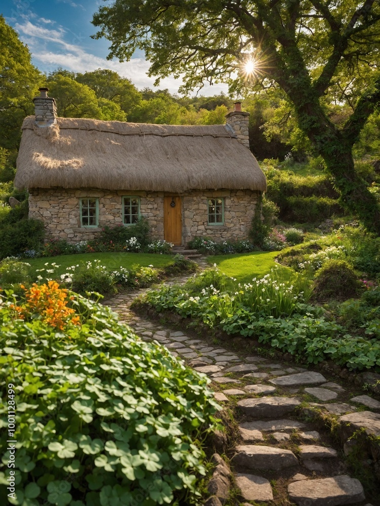 Quaint stone cottage with thatched roof nestled in lush, overgrown garden. Cottage surrounded by ...