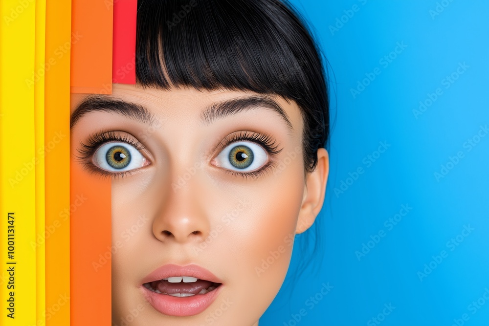 Woman with blue eyes and red hair is screaming. She has a red stripe on ...