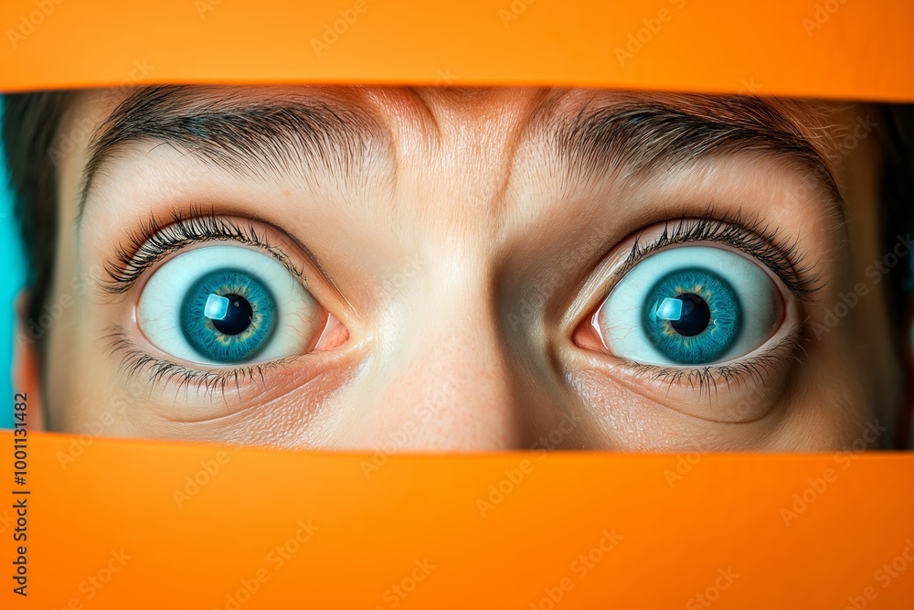 Man with blue eyes is looking at the camera. His eyes are wide open and ...