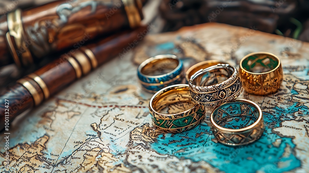 Gold and blue rings shine atop a vintage map, timeless symbols amidst ...