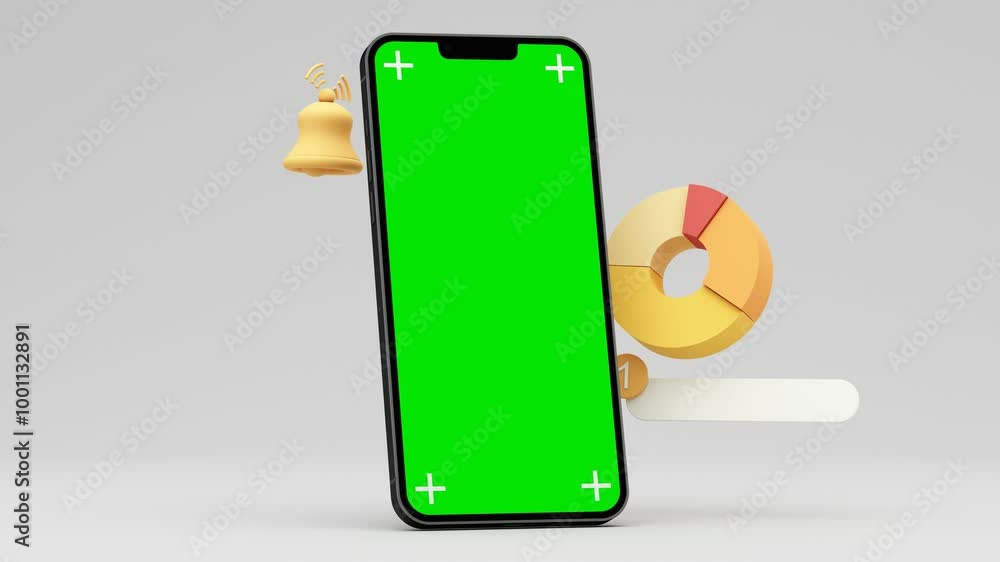 A black smartphone displays a green screen chroma key with a pie chart ...
