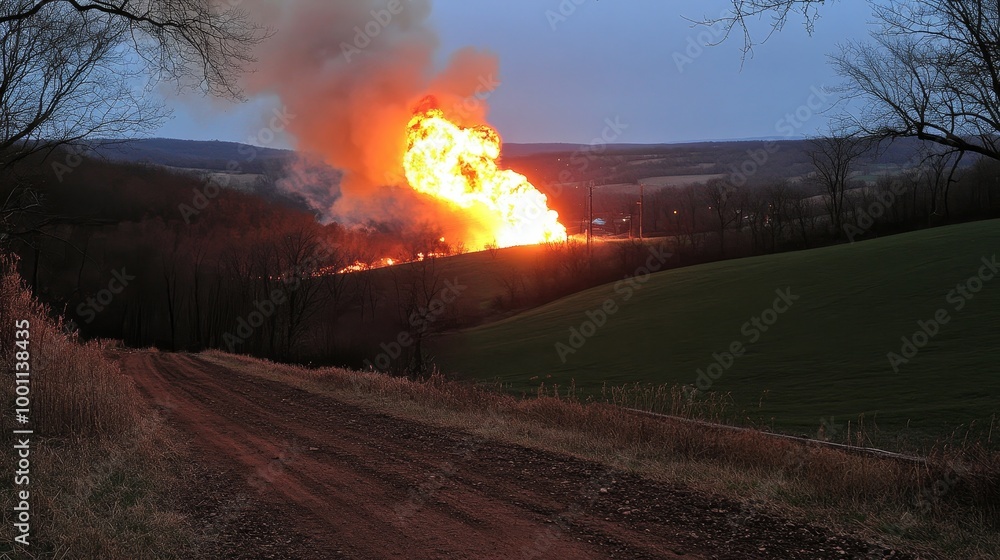 Fire flames engulfing a leaking gas pipeline, illustrating the critical ...