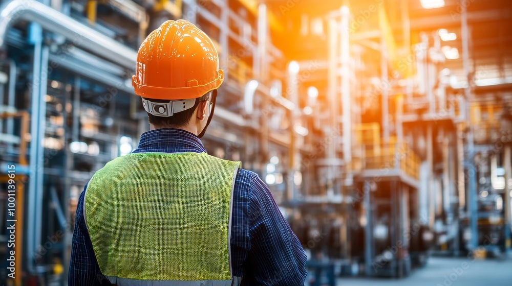 Professional factory worker wearing safety gear and hardhat conducts a ...